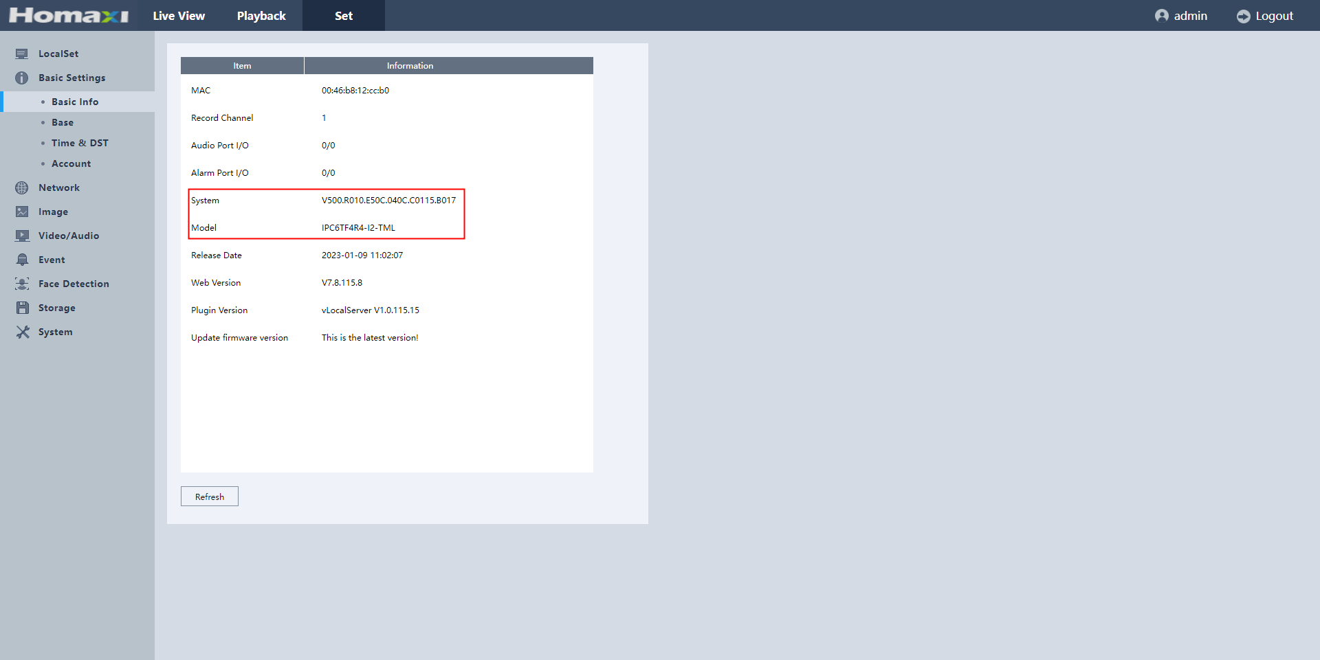 Where can I find the system and Model number information in the Web GUI ...